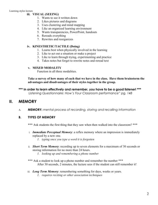 Learning styles, memory, reading and lectures lesson | PDF