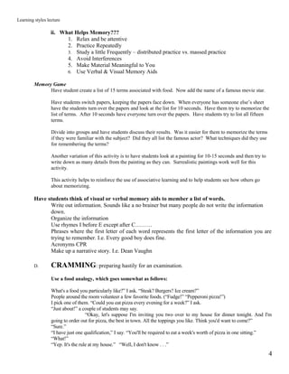 Learning styles, memory, reading and lectures lesson | PDF