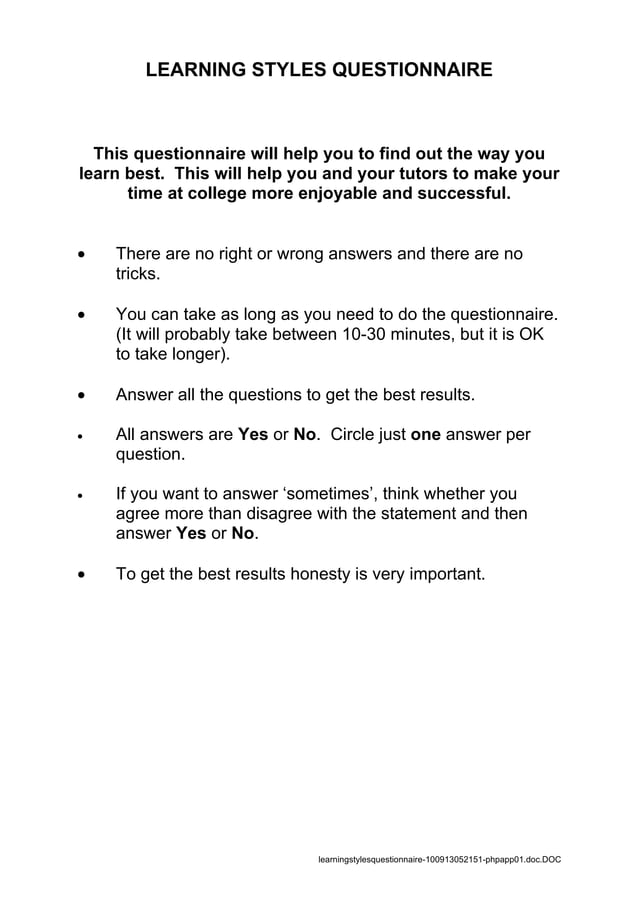 Learning styles questionnaire | DOC | Educational Assessment | Education