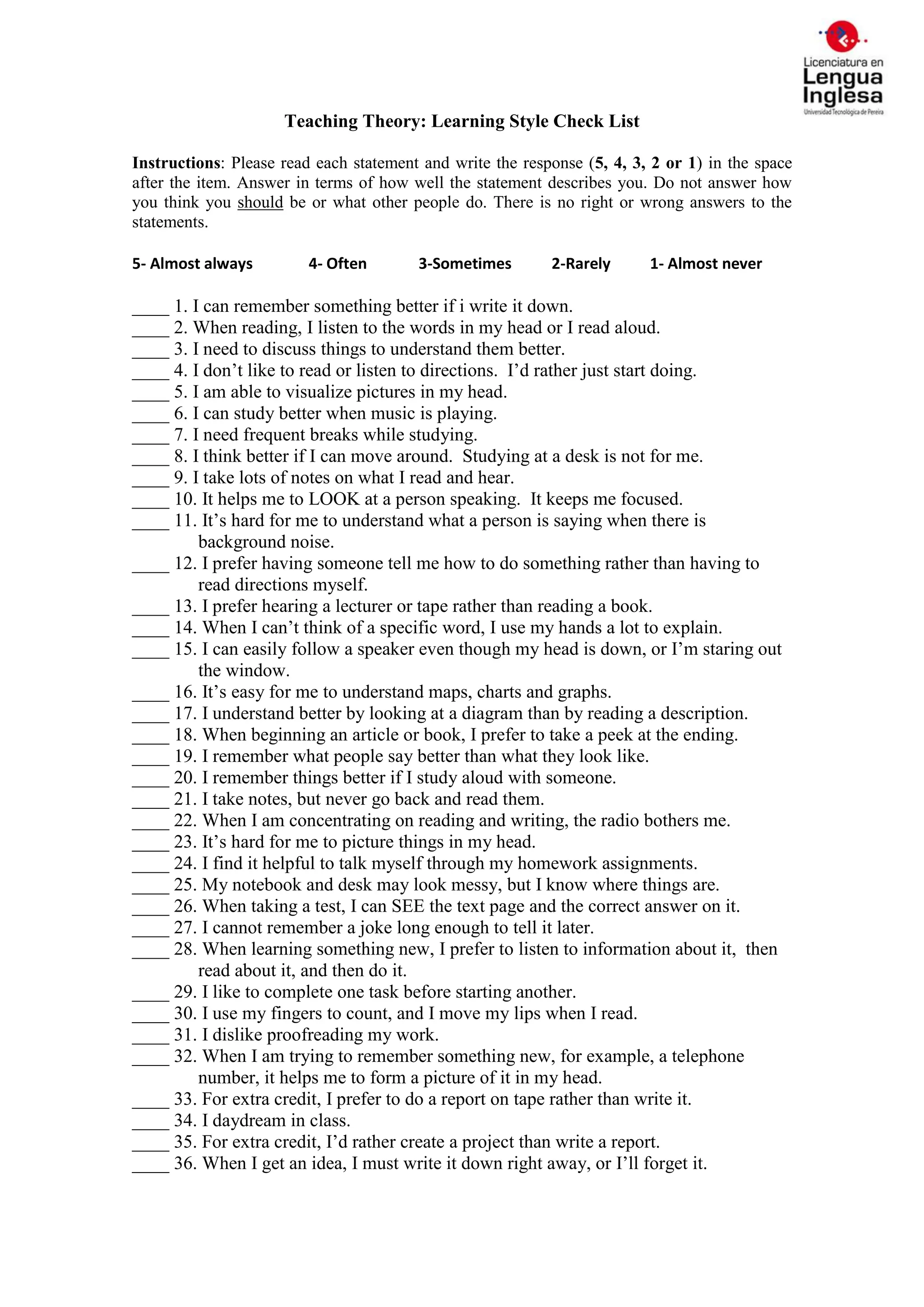 Learning styles questionnaire | PDF