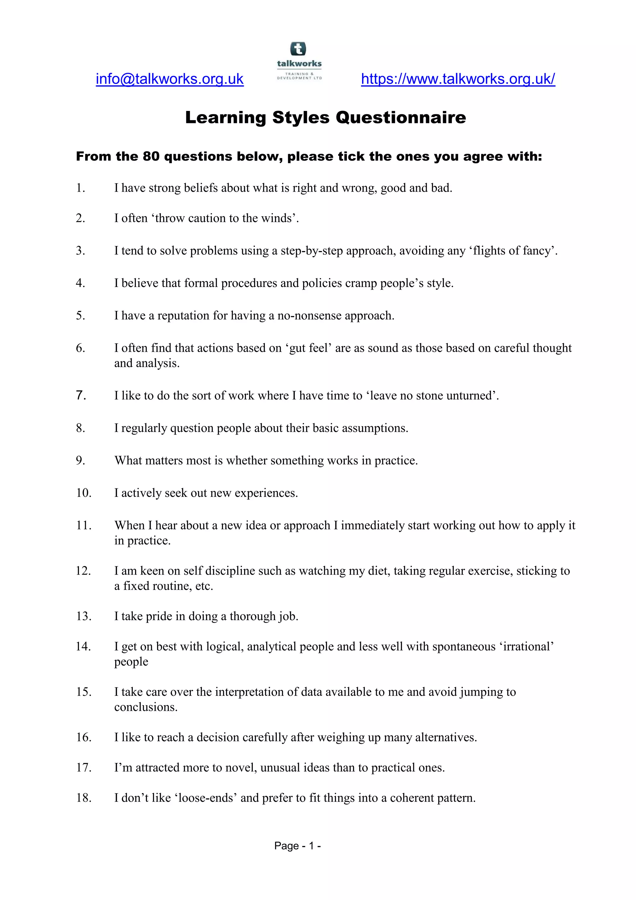 FREE - Learning Styles Questionnaire with analysis | PDF