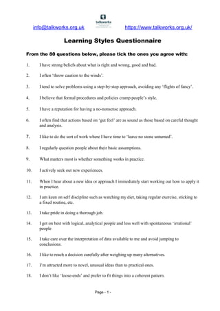 FREE - Learning Styles Questionnaire with analysis | PDF