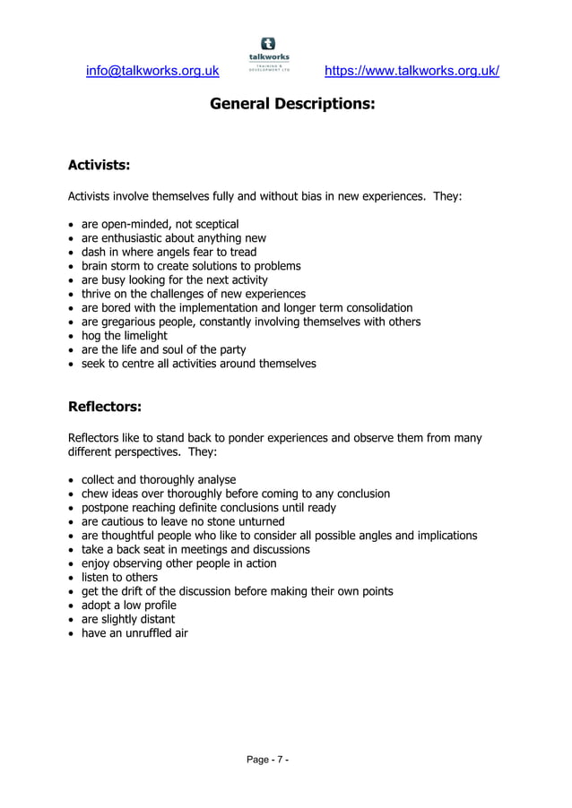 FREE - Learning Styles Questionnaire with analysis | PDF