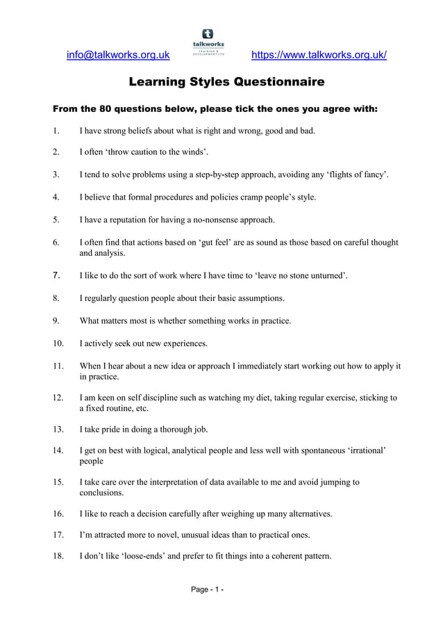 FREE - Learning Styles Questionnaire with analysis | PDF