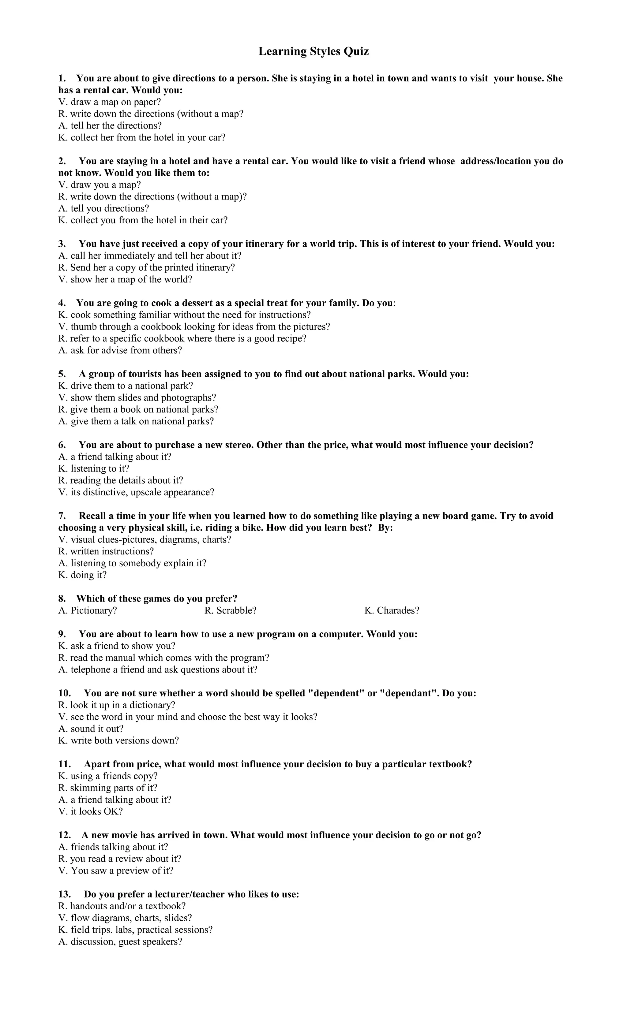 Learning styles test | DOC | Educational Assessment | Education