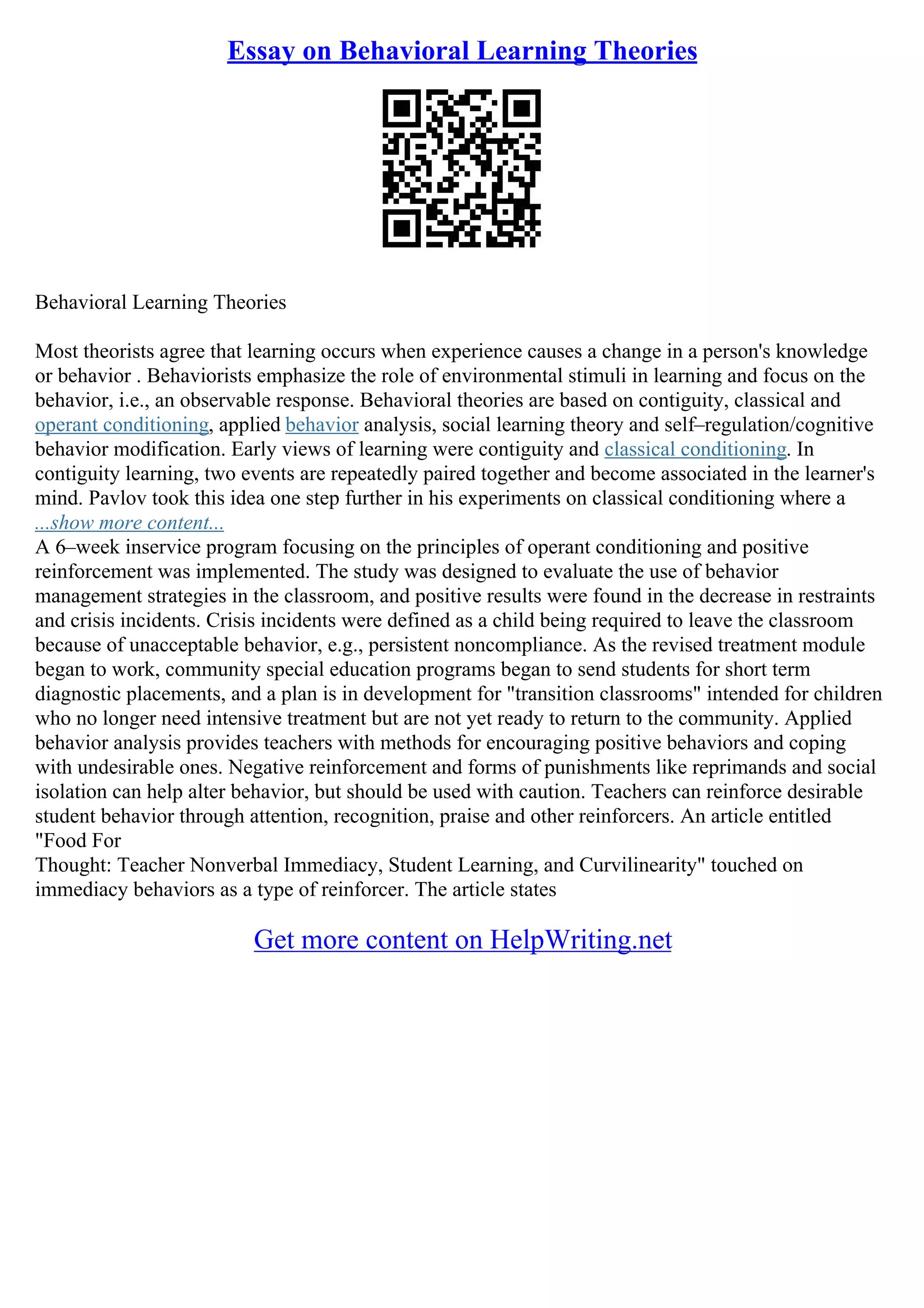 Learning Theories Essay | PDF | Educational Assessment | Education