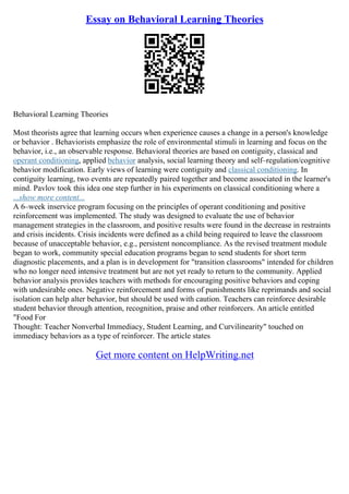 Learning Theories Essay | PDF | Educational Assessment | Education