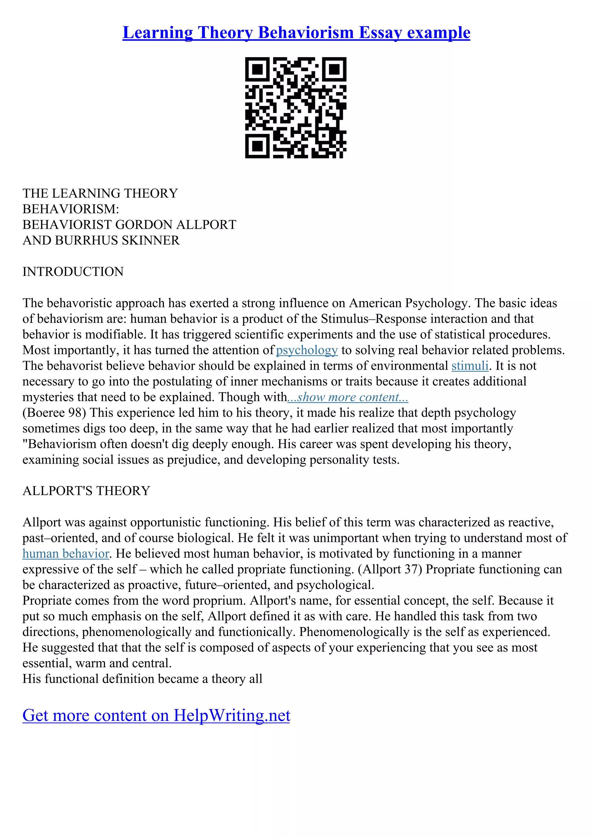 Learning Theory Behaviorism Essay Example | PDF