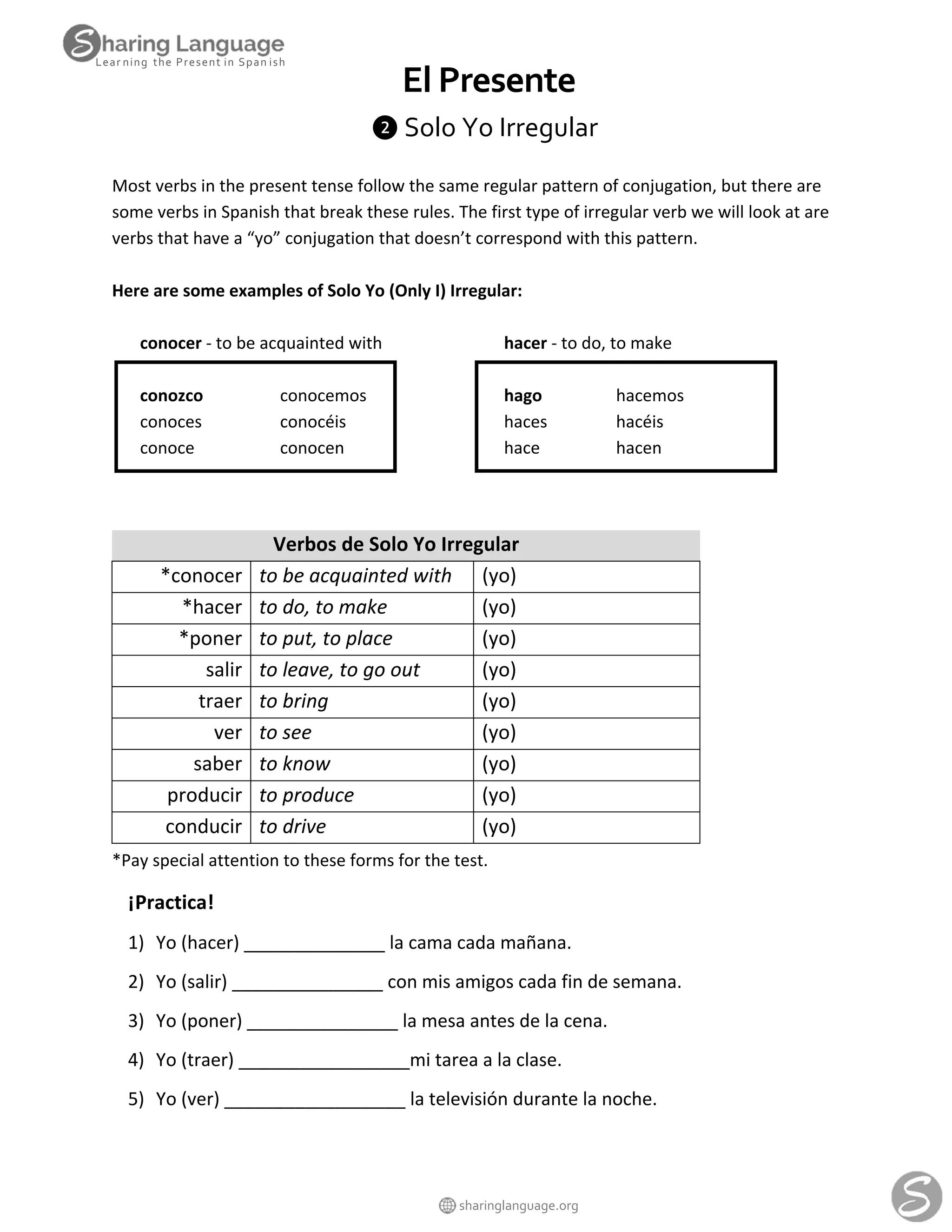 Learning the Present Tense Packet - SharingLanguage.org
