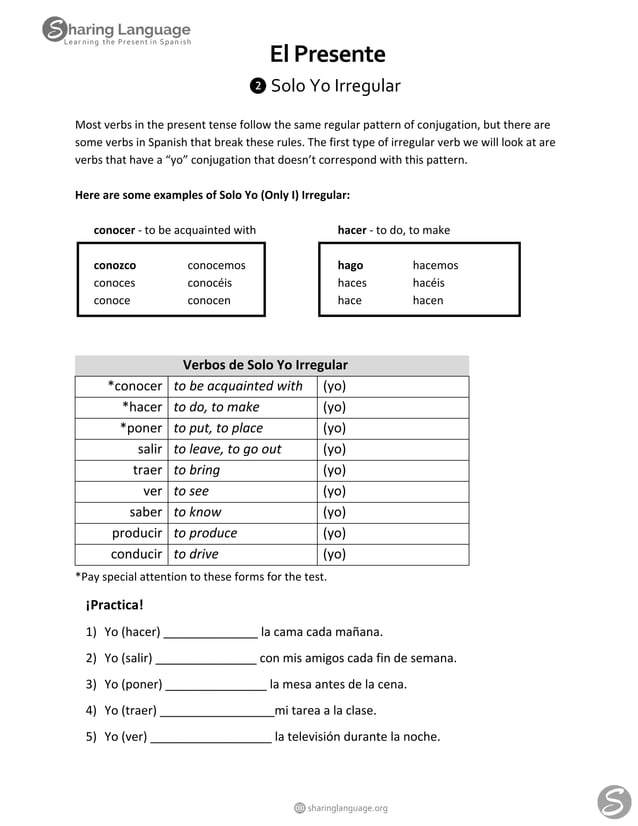 Learning the Present Tense Packet - SharingLanguage.org