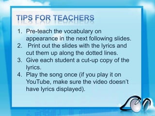 Learning vocabulary with songs - Appearance - introduction of the ...