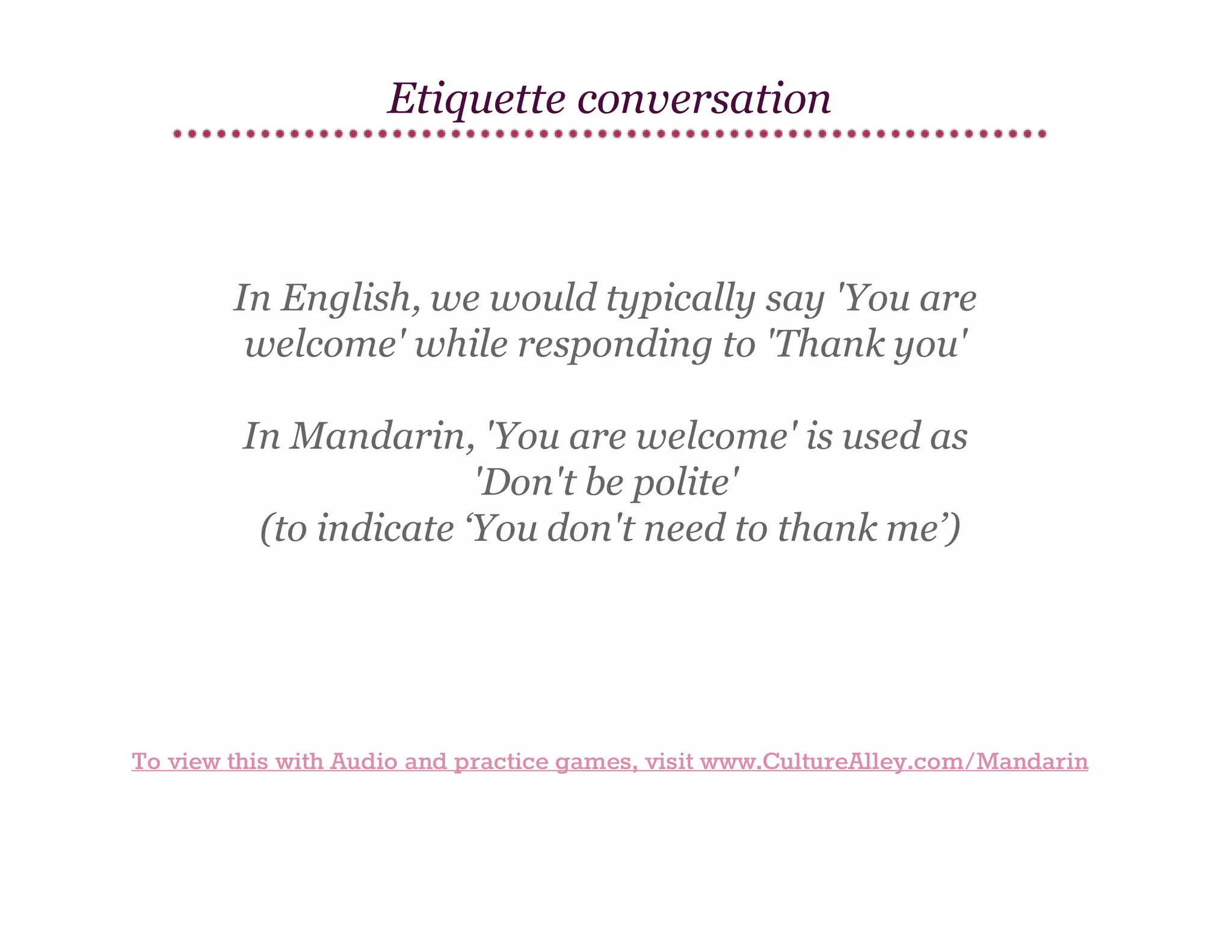 Basic Mandarin Chinese | Lesson 4 | Etiquette conversation | PDF