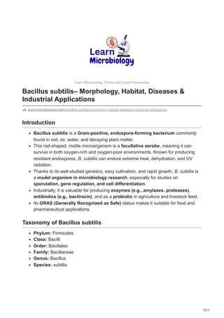 Bacillus subtilis Morphology Habitat Diseases and Industrial ...