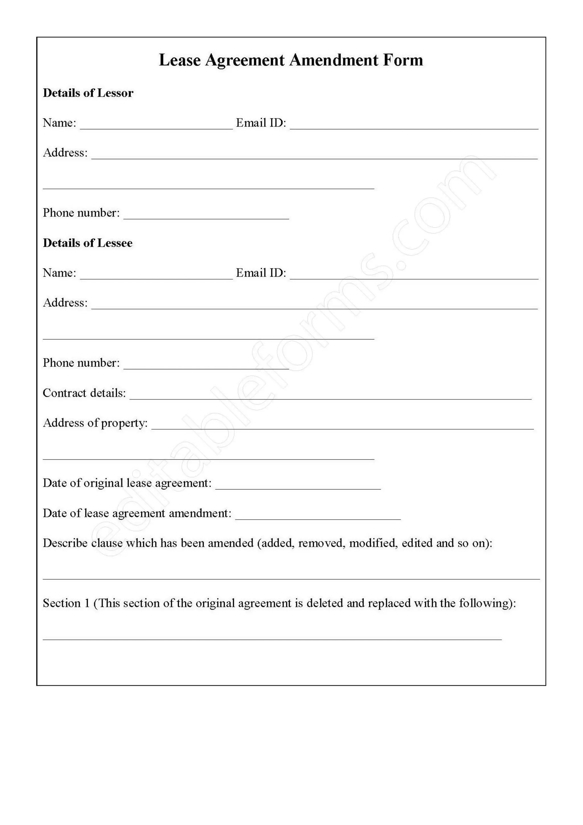 Lease Agreement Amendment Fillable PDF Template | PDF