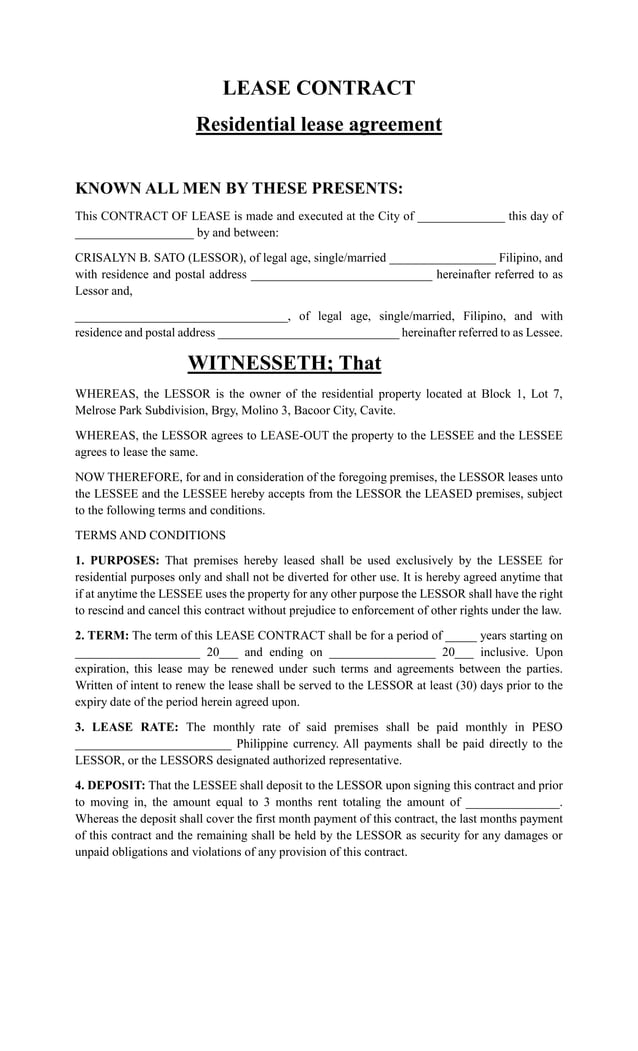 LEASE CONTRACT for HOUSE RENTAL FOR TWO YEARS | DOCX