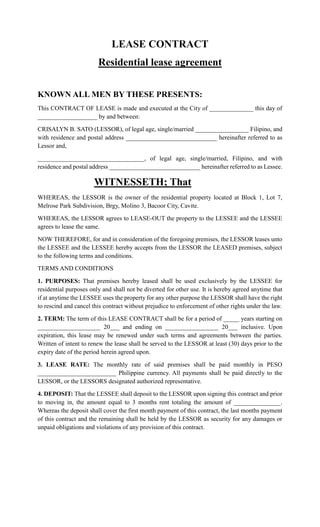 LEASE CONTRACT for HOUSE RENTAL FOR TWO YEARS | PDF