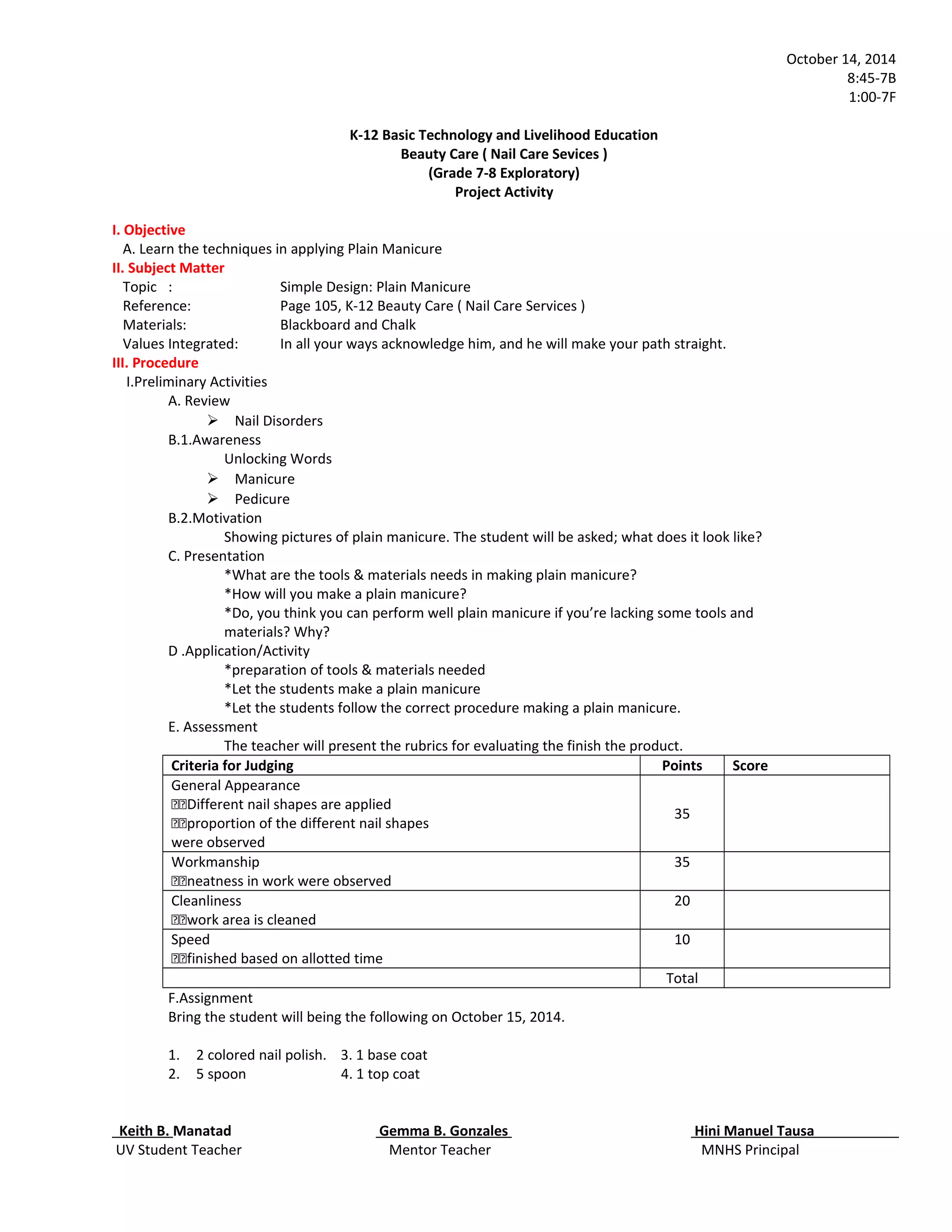 K-12 Basic Technology and Livelihood Education Project on Nail Care ...