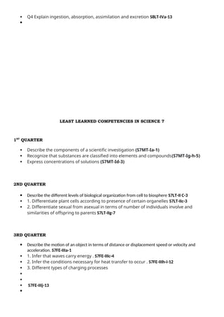 Least Learned Science Grade 7-8 2024-2025 | DOCX