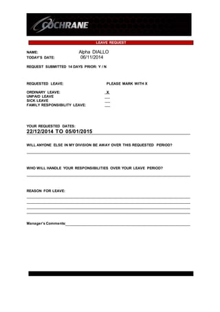 Leave request form e | DOCX | Business | Business and Finance