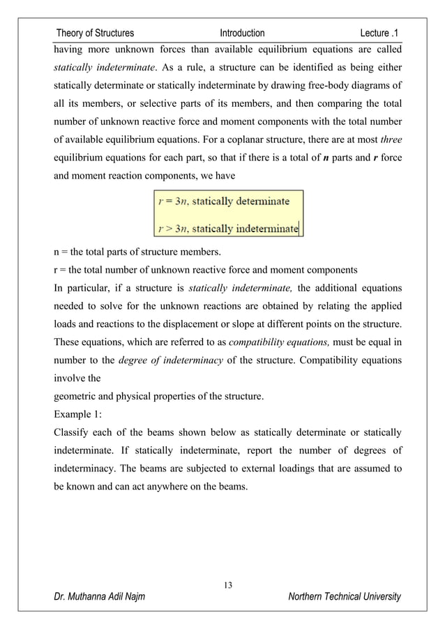 Lec2 Statically Determinate Structures And Statically Indeterminate