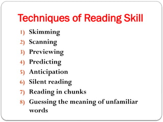 THE READING SKILLS , its Types & Techniques | PPTX