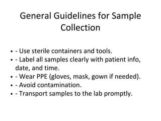Sample Collection Techniques for Swab, Sputum, CSF, Saliva, and Stool | PDF