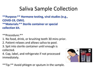 Sample Collection Techniques for Swab, Sputum, CSF, Saliva, and Stool | PDF