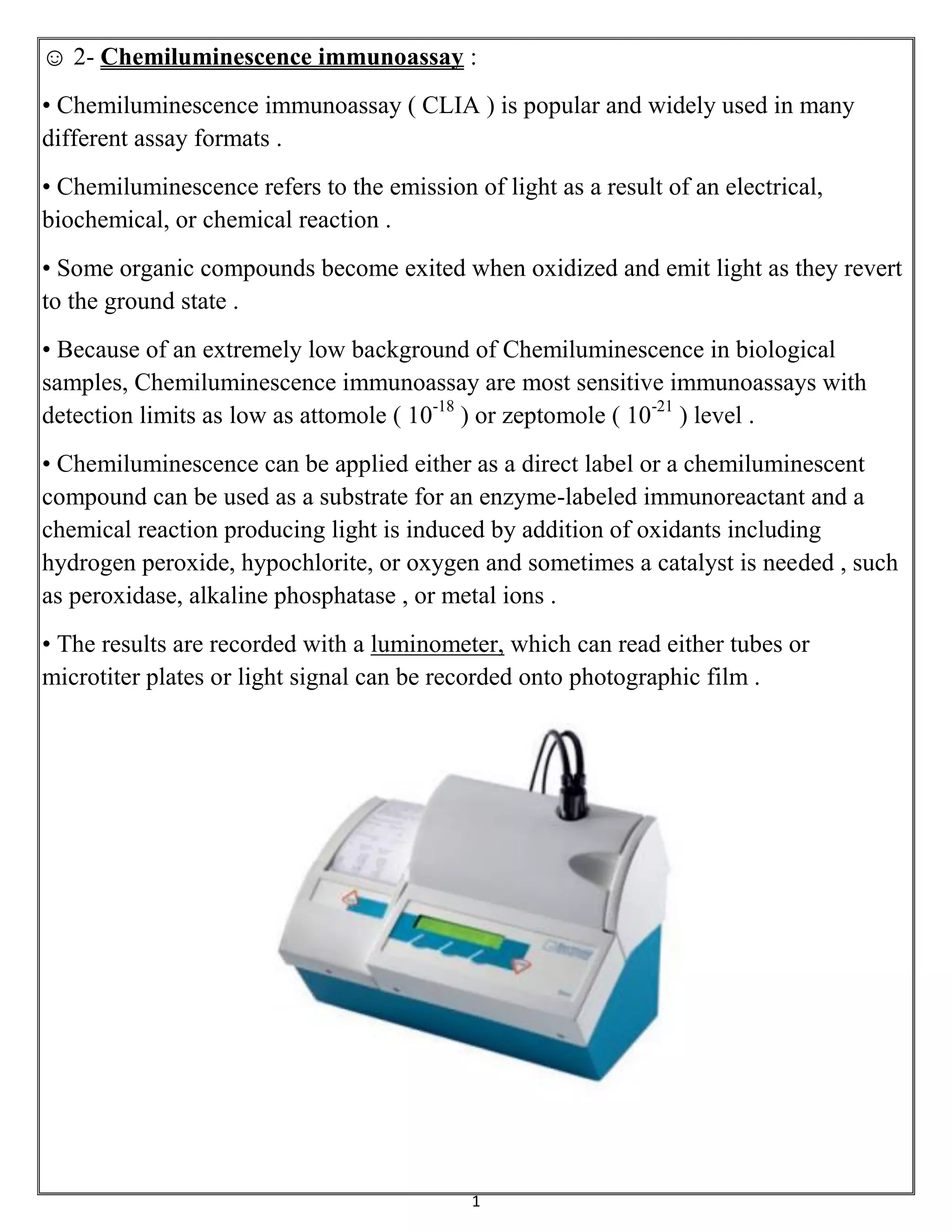 Chemiluminescence immunoassay and Immunofluorescence Assay | PDF