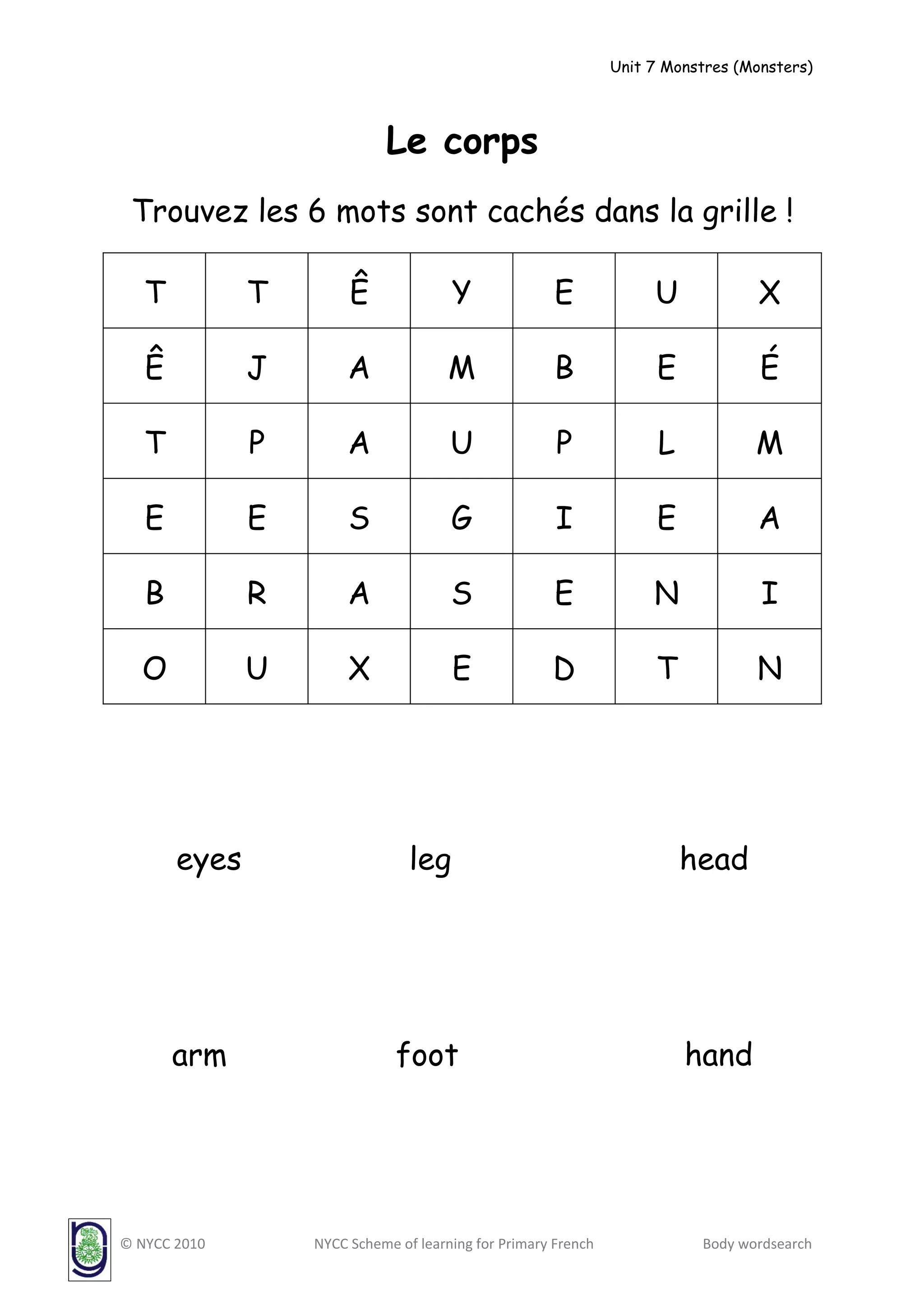 Le corps wordsearch | DOC