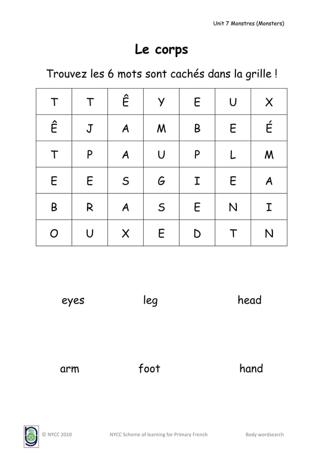 Le corps wordsearch | DOC