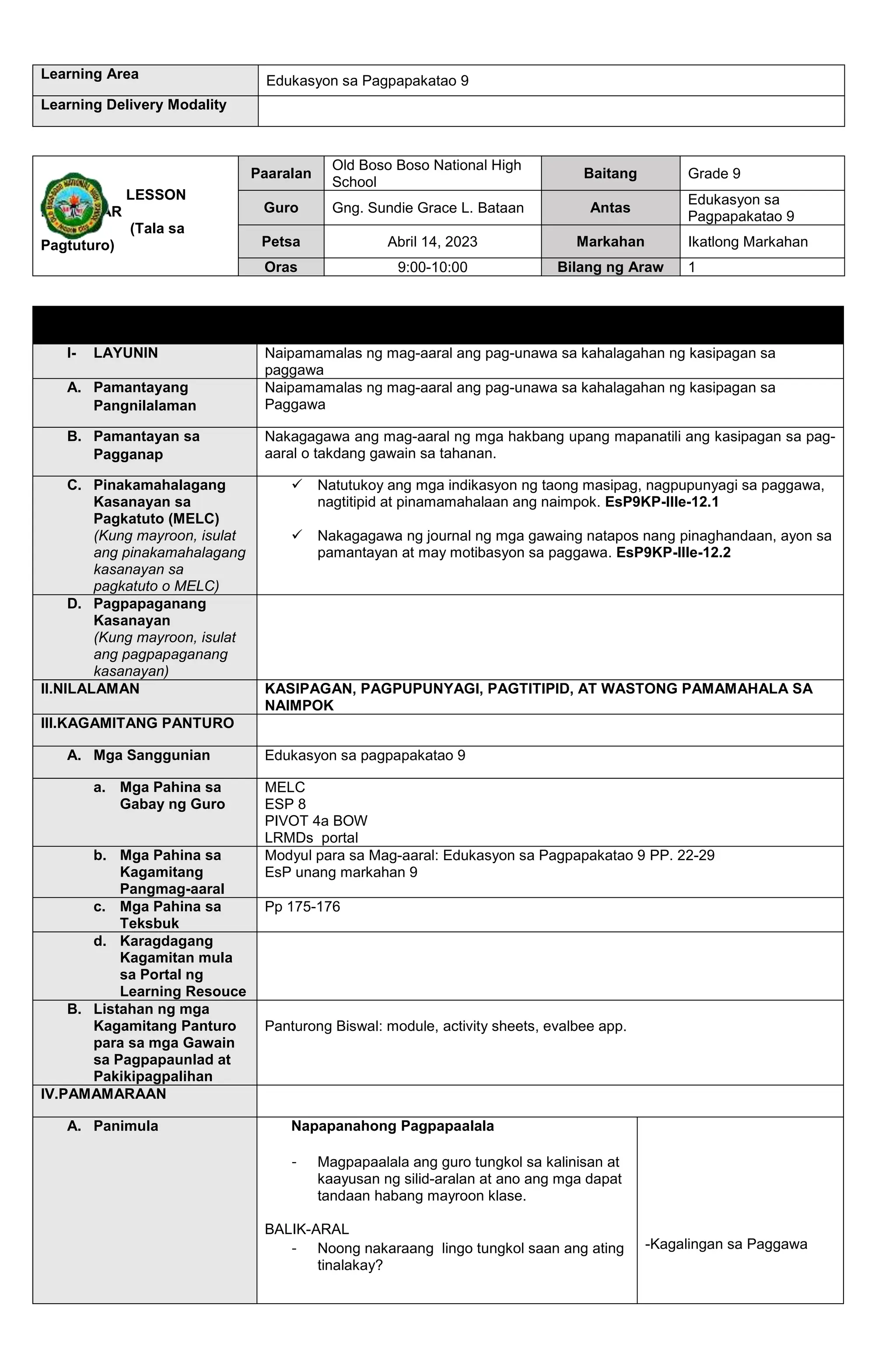 Lesson exemplar sa edukasyon sa pagpapakatao 9.doc