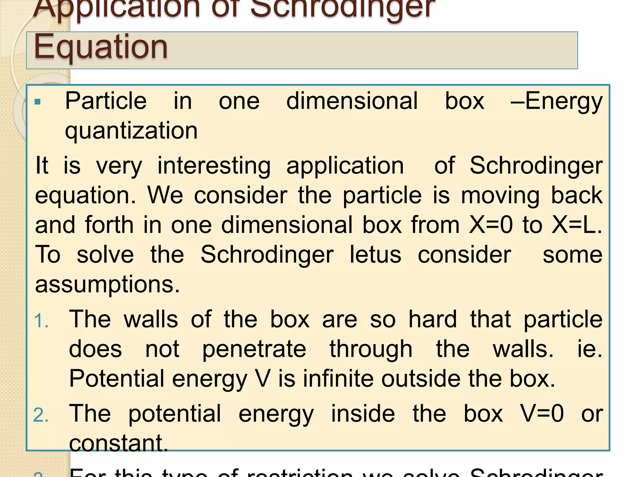 Application of Schrodinger Equation to particle in one Dimensional Box: Energy quantization | PPTX