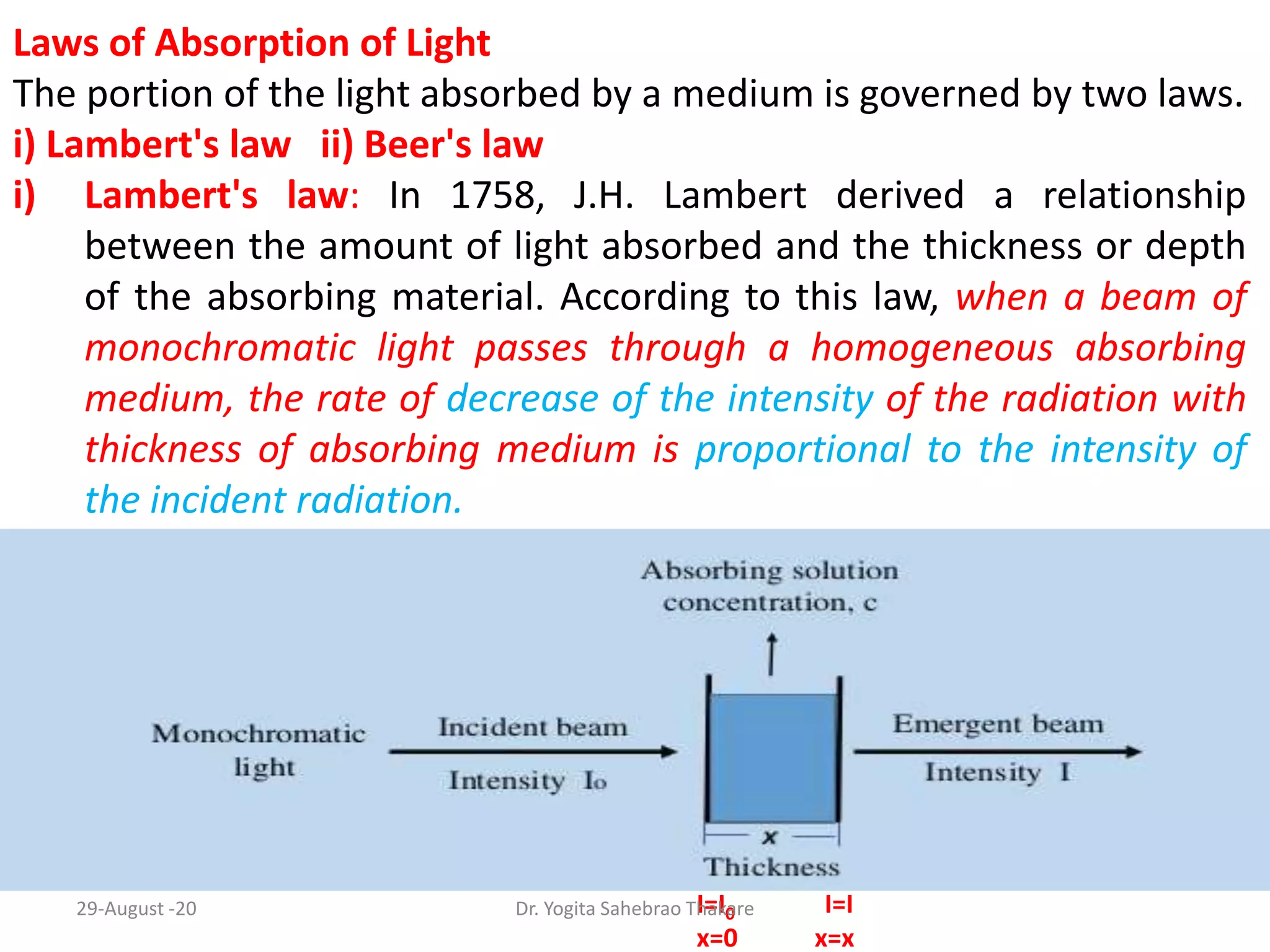 Lect. 3 laws of absorption of light lambert's beer's law | PPTX