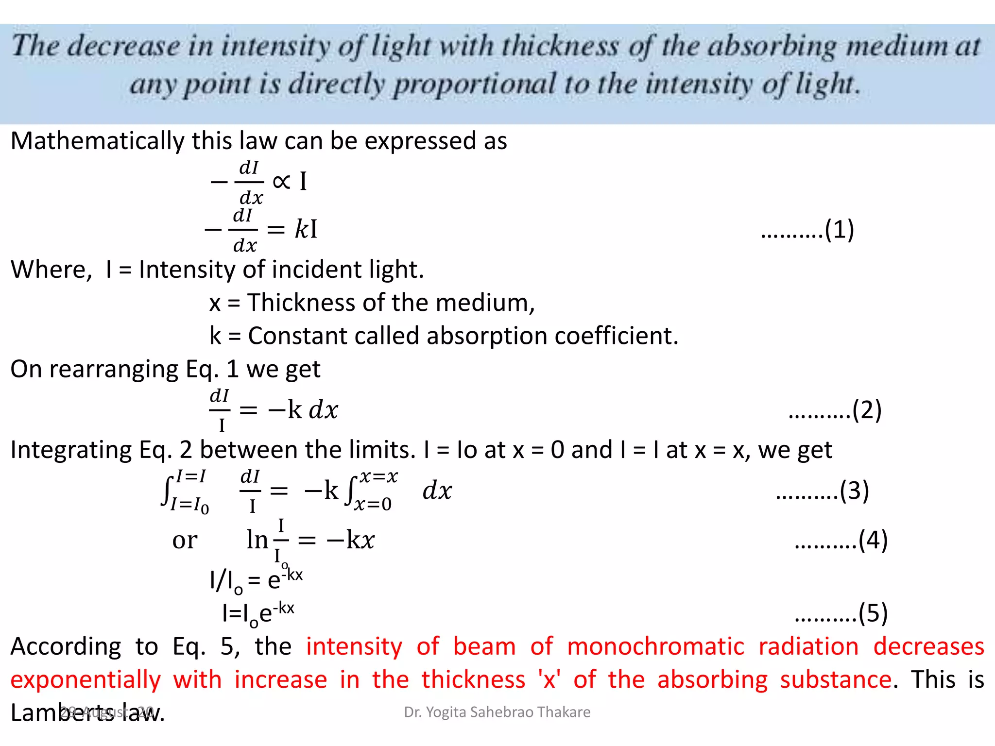 Lect. 3 laws of absorption of light lambert's beer's law | PPTX