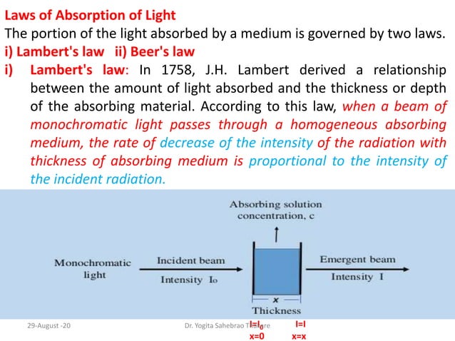 Lect. 3 laws of absorption of light lambert's beer's law | PPTX