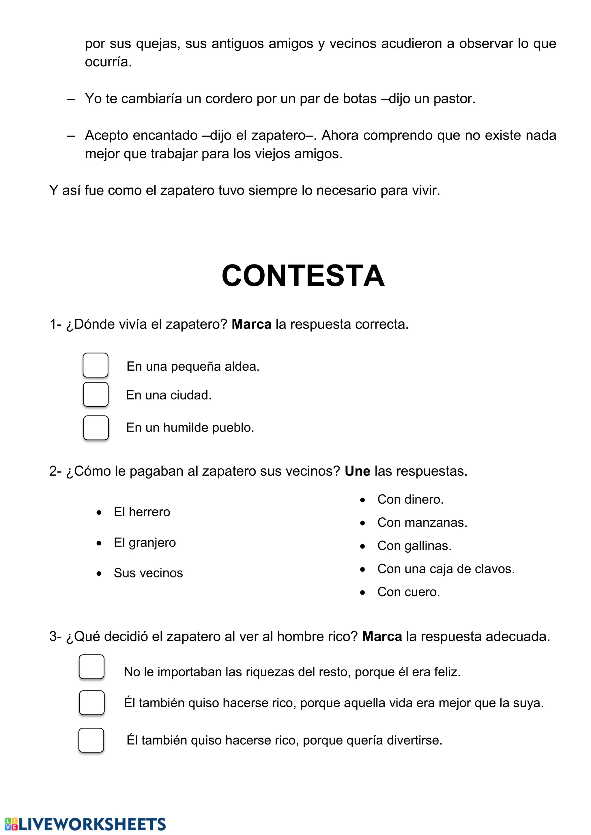 Lectura comprensiva la fortuna del zapatero | PDF