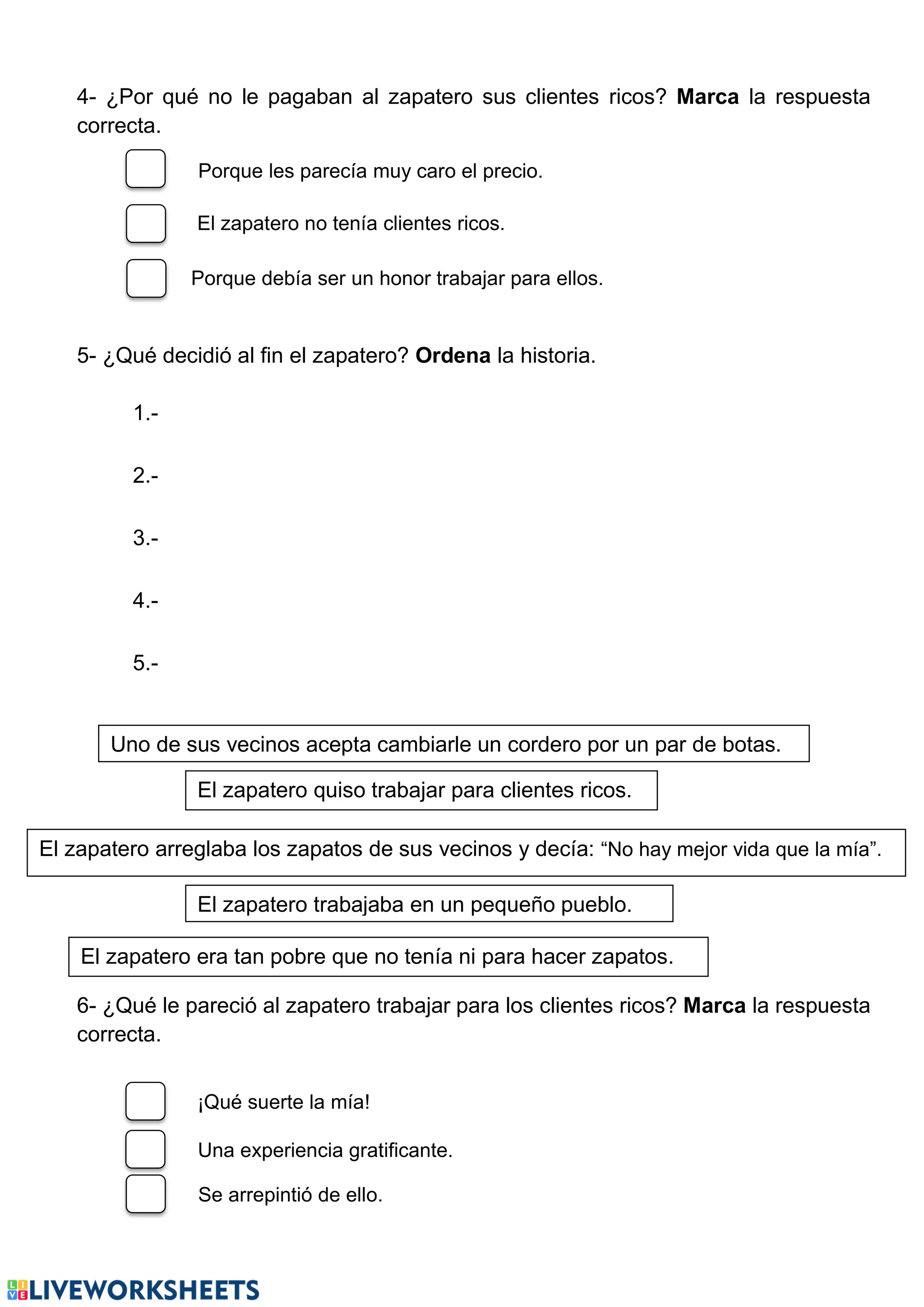 Lectura comprensiva la fortuna del zapatero | PDF