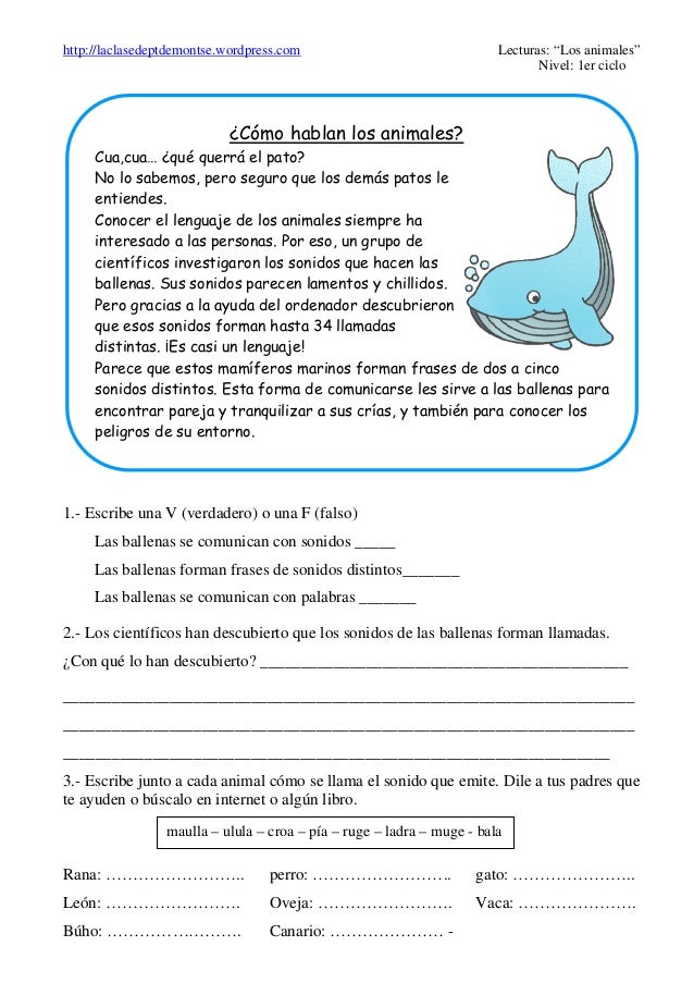 Lecturas de animales. Nivel 1