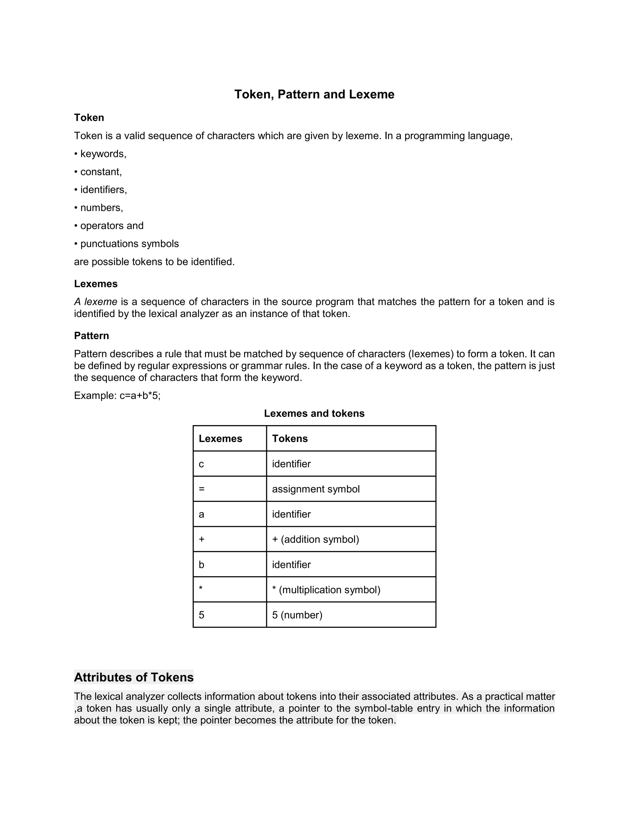 Token, Pattern and Lexeme | PDF