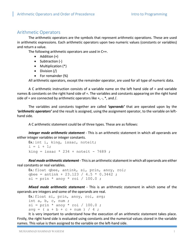 [ITP - Lecture 06] Operators, Arithmetic Expression and Order of Precedence | PDF