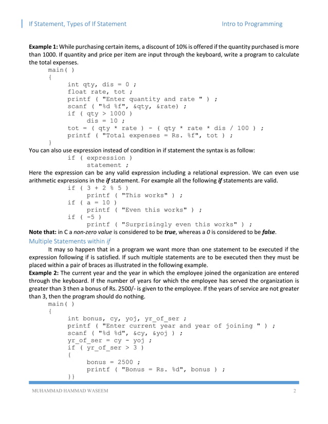 Itp Lecture 08 Decision Control Structures If Statement Pdf