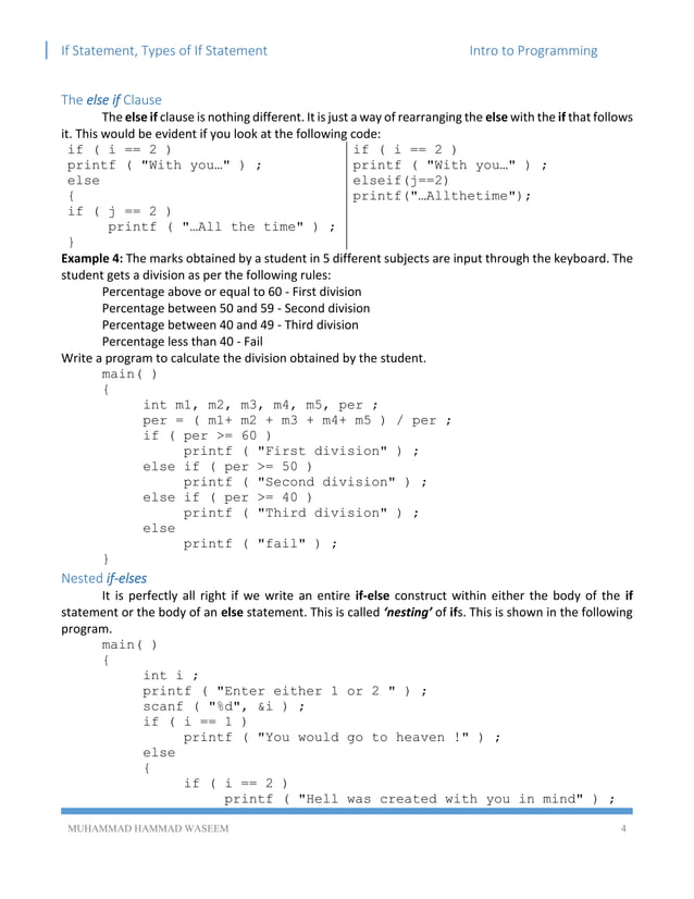 Itp Lecture 08 Decision Control Structures If Statement Pdf