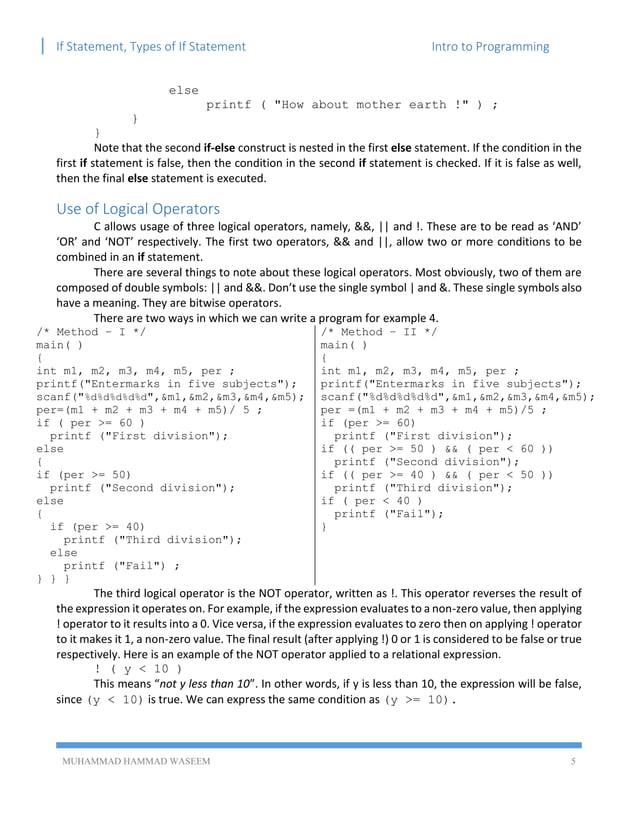 Itp Lecture 08 Decision Control Structures If Statement Pdf