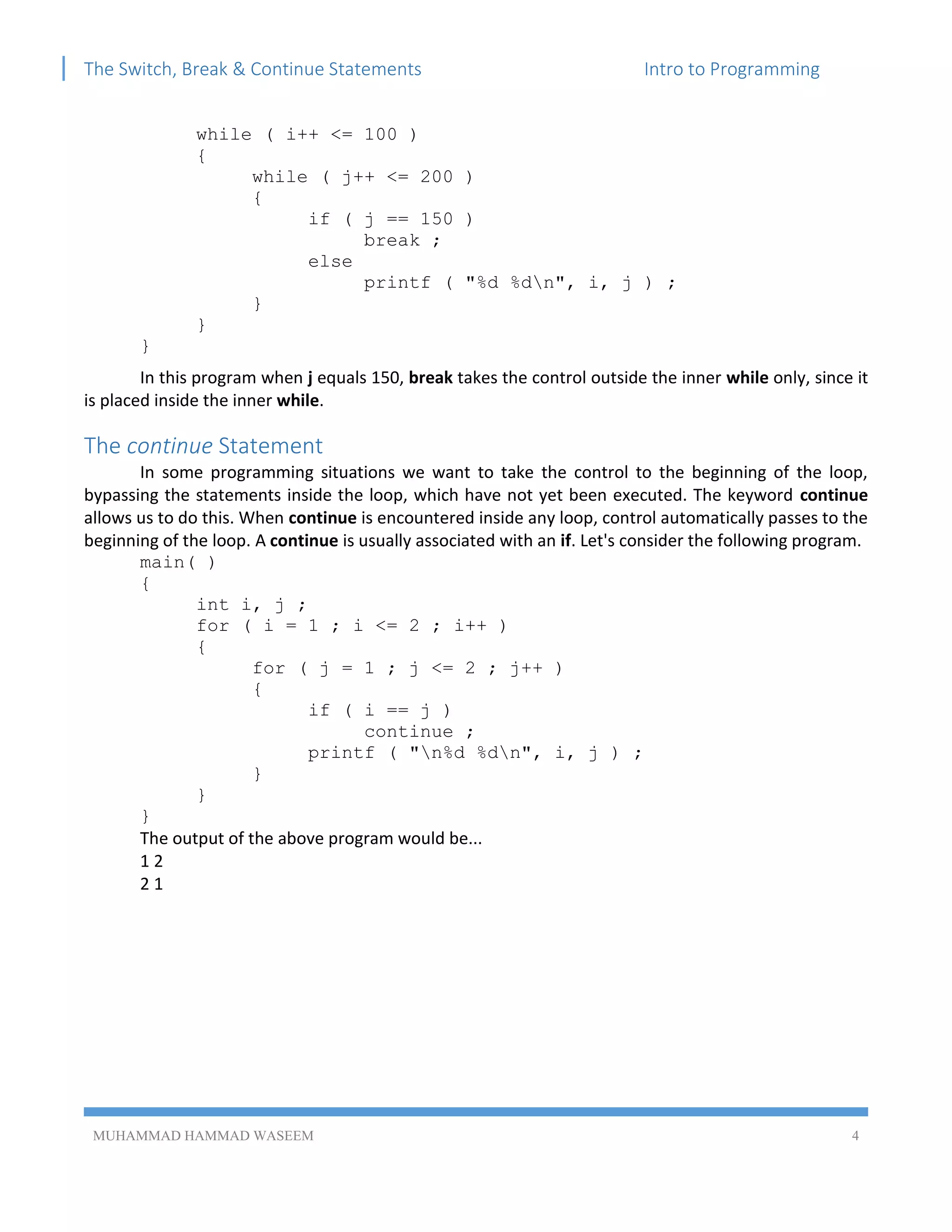 [ITP - Lecture 10] Switch Statement, Break and Continue Statement in C/C++ | PDF