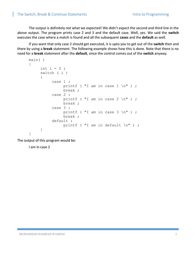 [ITP - Lecture 10] Switch Statement, Break and Continue Statement in C/C++ | PDF