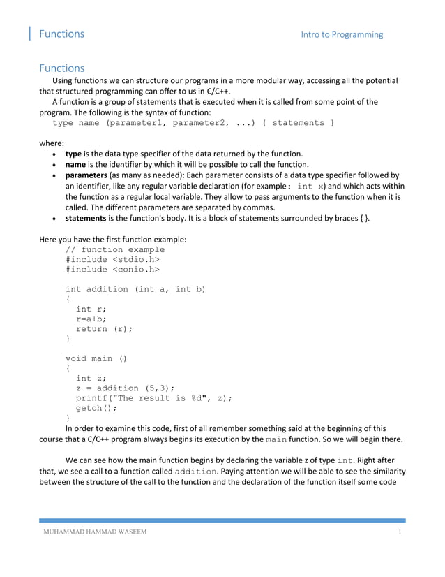 [ITP - Lecture 12] Functions in C/C++ | PDF