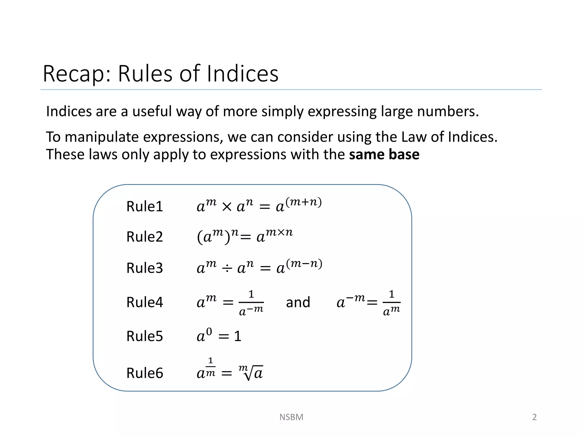 Lecture 2 (laws of indices) | PPTX