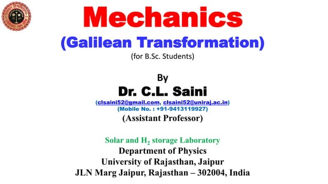 Lecture-3 Mechanics- Frame of reference: Galilean Transformations | PDF | Physics | Science