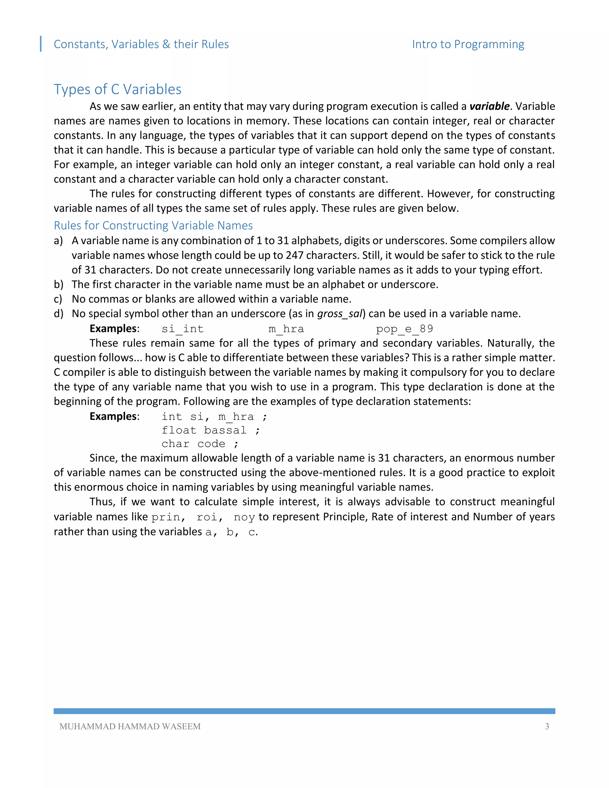 Itp Lecture 04 Variables And Constants In Cc Pdf