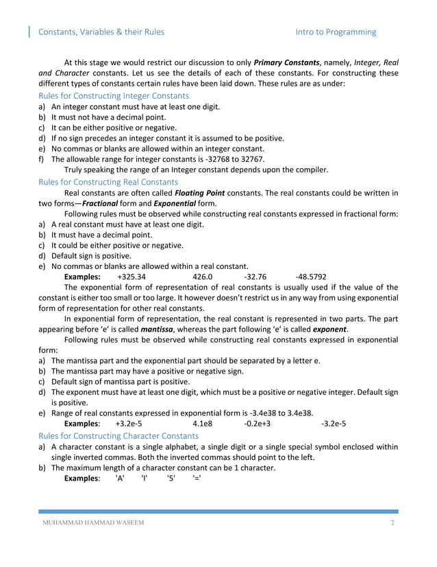 Itp Lecture 04 Variables And Constants In Cc Pdf